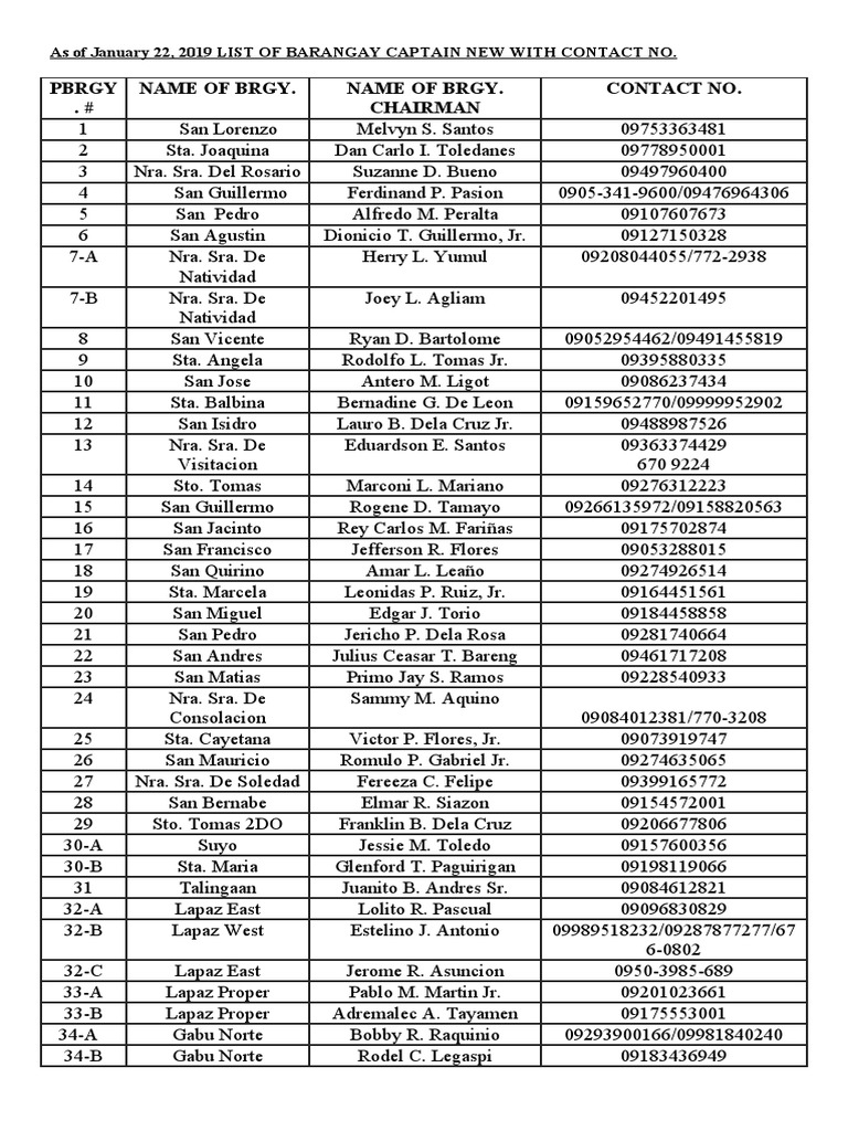 LIST OF BRGY CAPT. NEWLY ELECTED 2018 (Kapitan) | PDF | Sports
