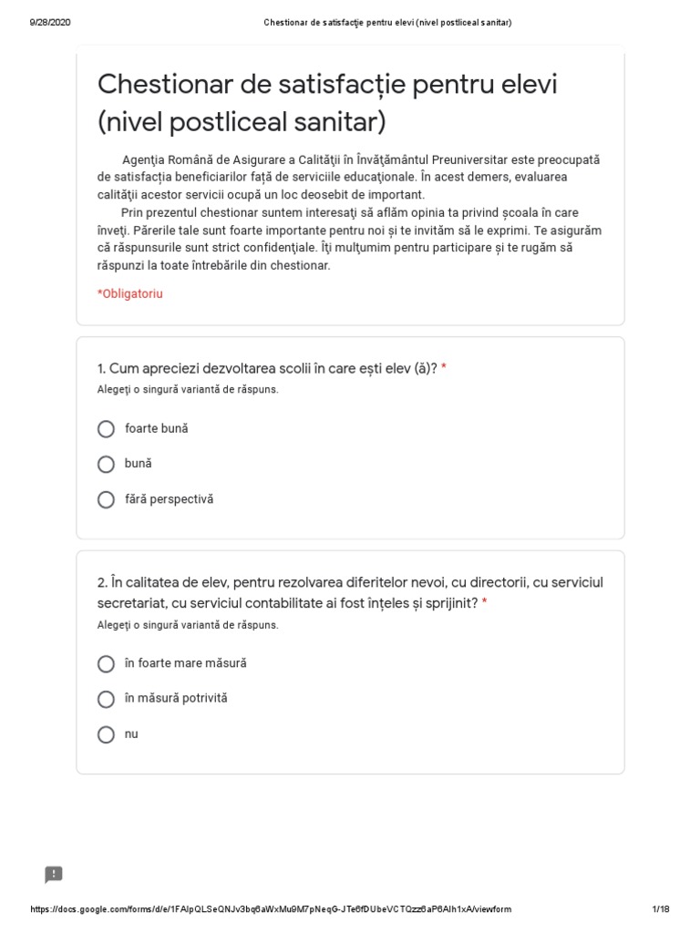 Chestionar de Satisfacţie Pentru Elevi (Nivel Postliceal Sanitar) (1) - 1 | PDF