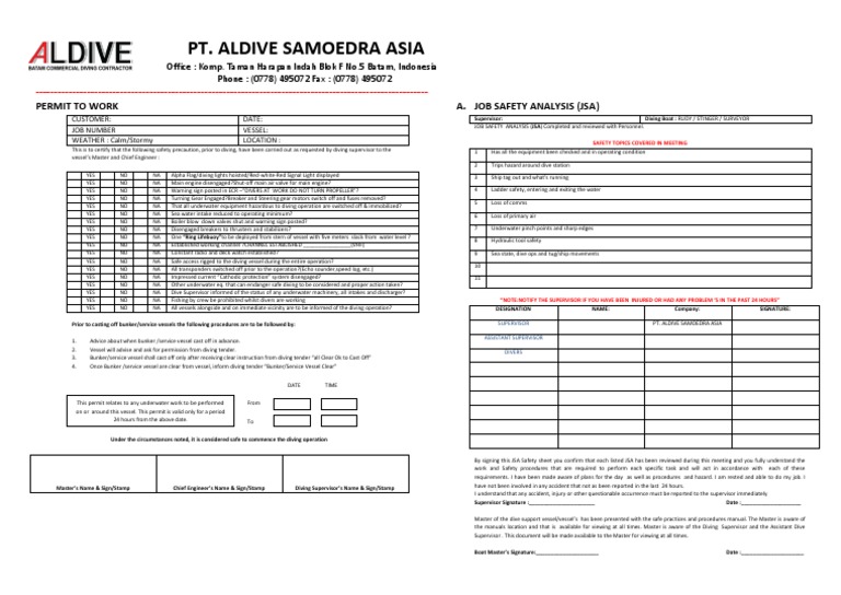 Safety Procedures and Permit for Underwater Diving Operations from a ...