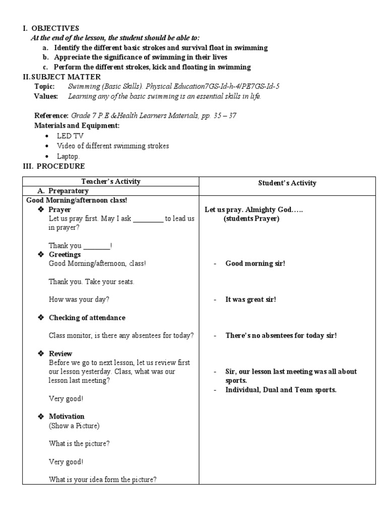 Basic Swimming Lesson Plan for Grade 7 | PDF