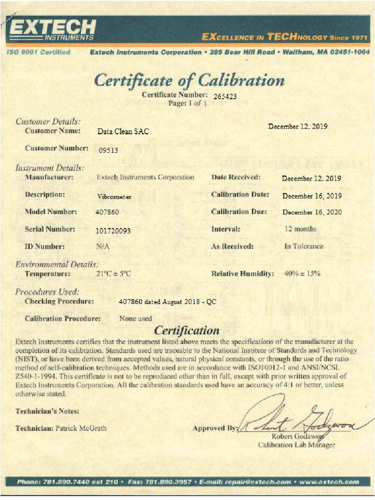 Certificate Vibrometer 407860-Extech | PDF