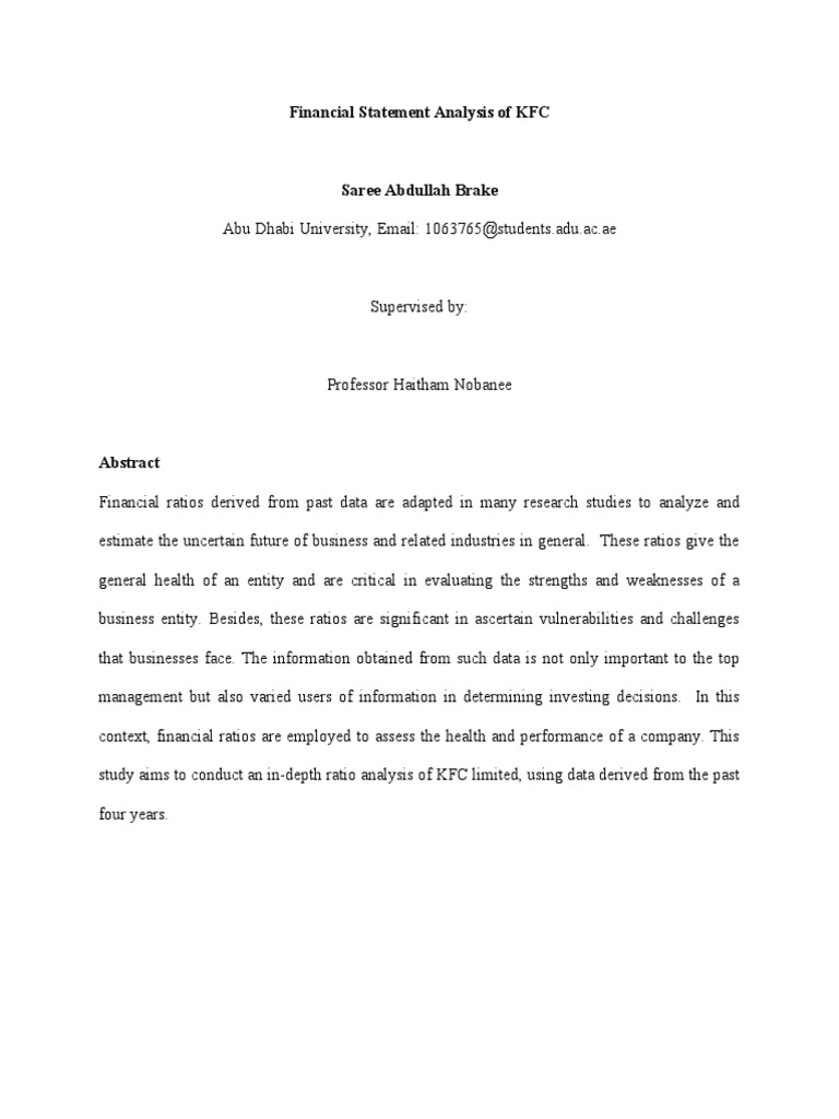 Financial Statement Analysis of KFC | PDF | Return On Equity | Investing