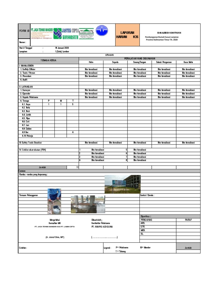 Laporan Harian K3 Proyek Konstruksi | PDF