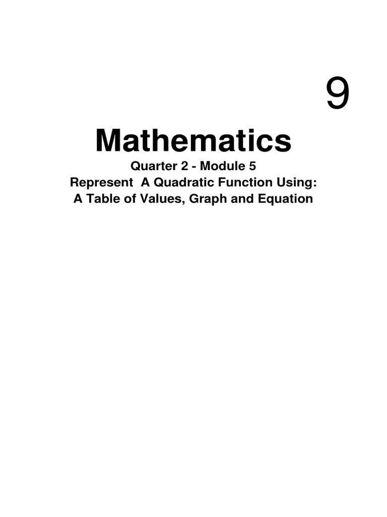 Mathematics: Quarter 2 - Module 5 Represent A Quadratic Function Using: A Table of Values, Graph ...