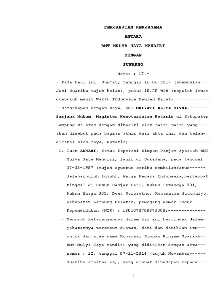 Perjanjian Dengan Suwarno Dan BMT | PDF