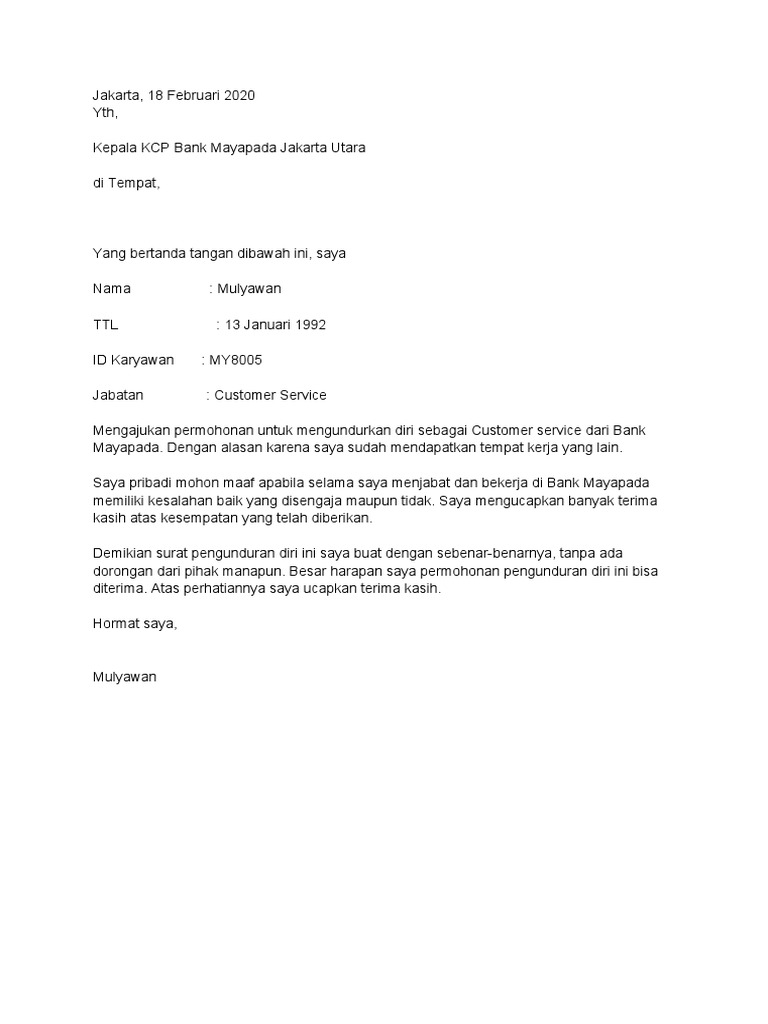 Contoh Surat Pengunduran Diri Resign Kerja Bank | PDF