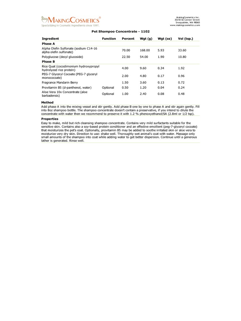 Pet Shampoo Concentrate Formulation Guide | PDF | Shampoo | Products Of ...