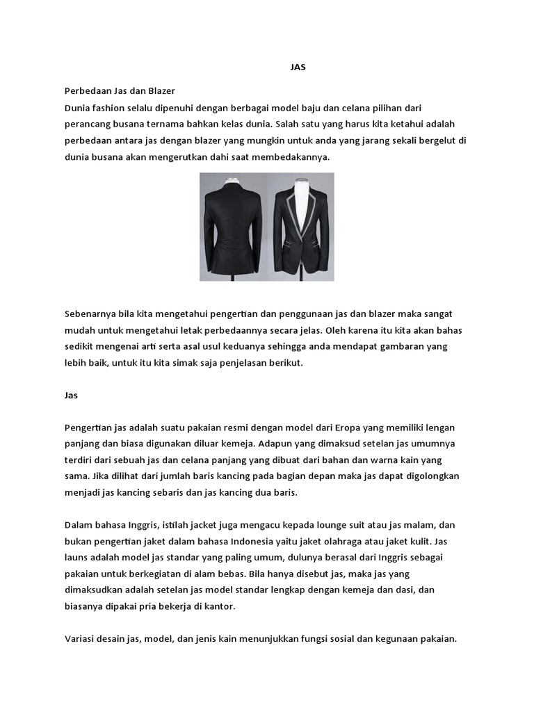 Perbedaan dan Penggunaan Jas dan Blazer | PDF