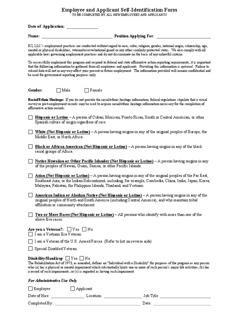 Employee and Applicant Self Identification Form | PDF | Race And ...
