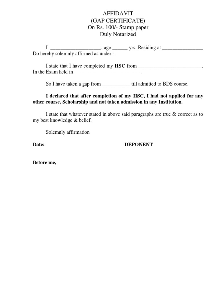 Affidavit Gap Certificate On Rs 100 Stamp Paper Duly Notarized PDF