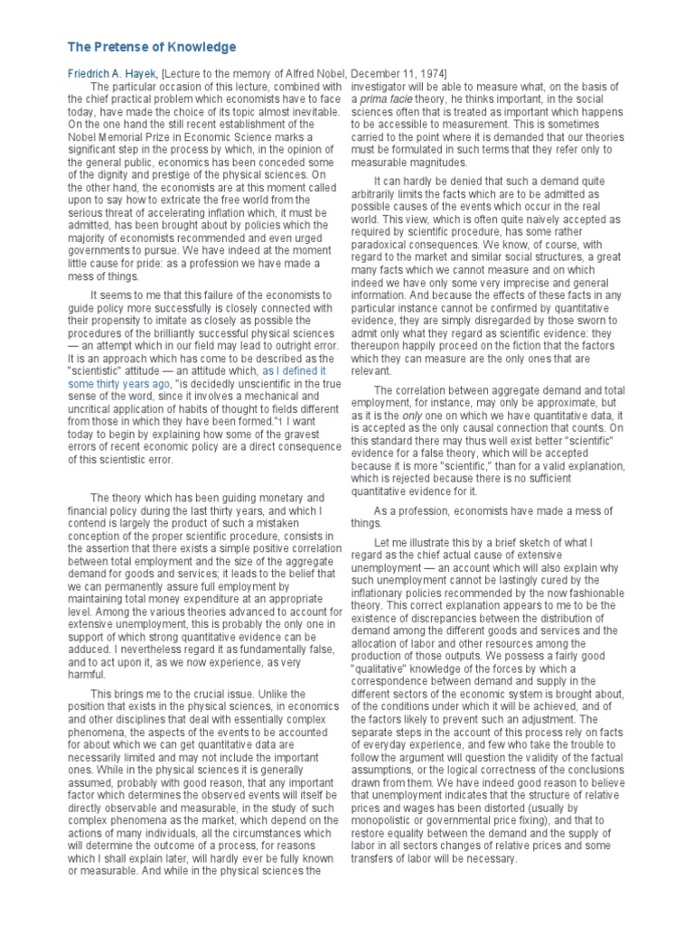 The Pretense of Knowledge (Hayek 1973) | PDF | Theory | Science