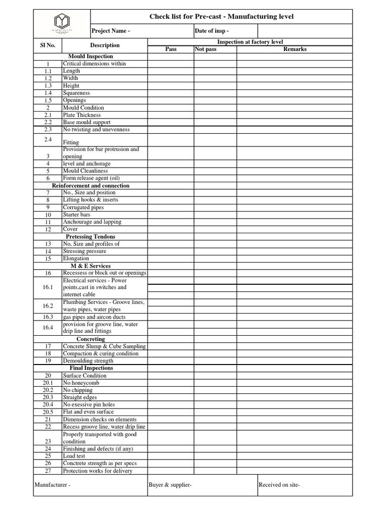 Factory Level Precast Checklist by Syed | PDF