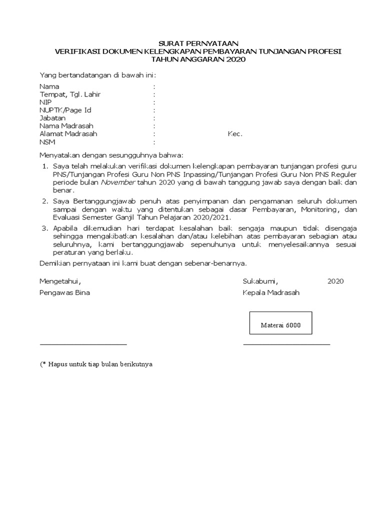 Lampiran 1. Surat Pernyataan Verifikasi Dokumen Kelengkapan TPG | PDF