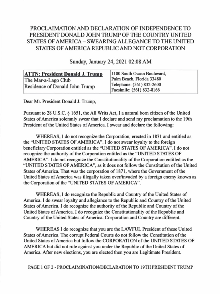 Proclaimation and Declaration of Independence To President Donald John ...