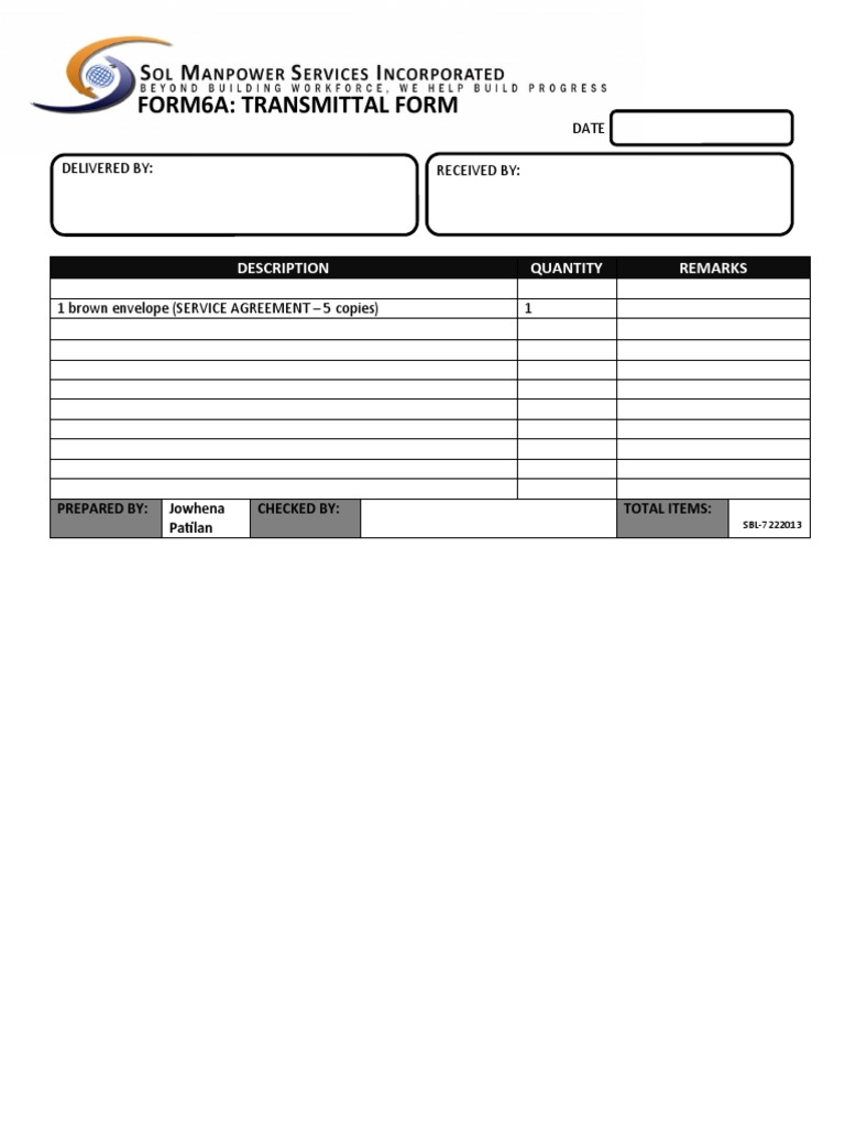 Form6A: Transmittal Form: Description Quantity Remarks | PDF