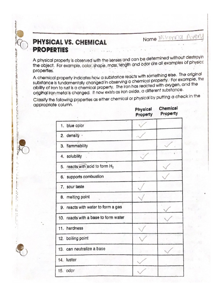 Physical Vs Chemical Properties Worksheet | PDF