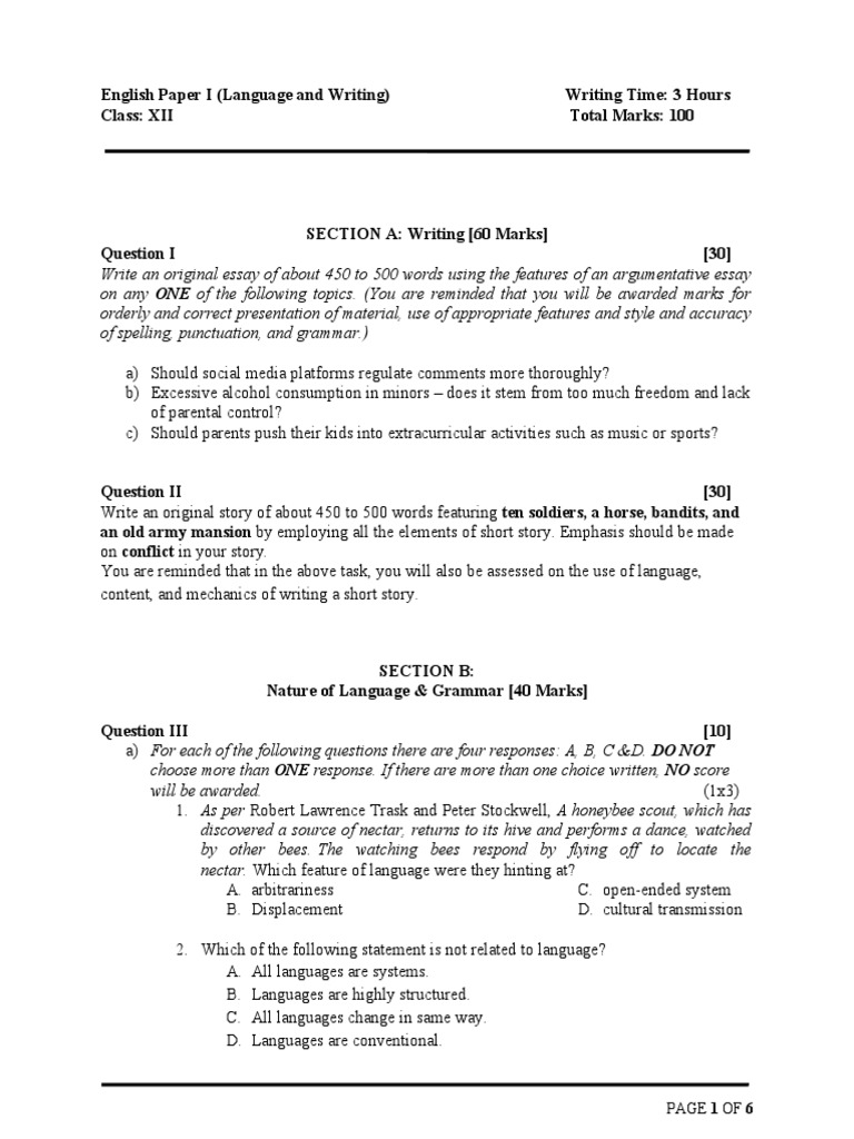 BHSEC - English Paper 1 | PDF | Sentence (Linguistics) | Part Of Speech
