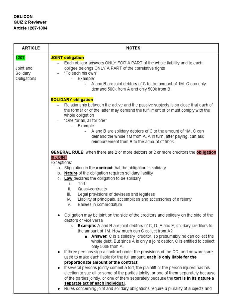 OBLICON Reviewer | PDF | Assignment (Law) | Payments