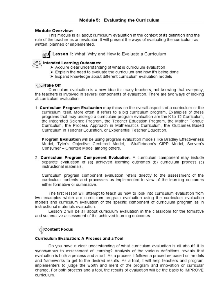 Lesson 1: What, Why and How To Evaluate A Curriculum: Module 5 ...