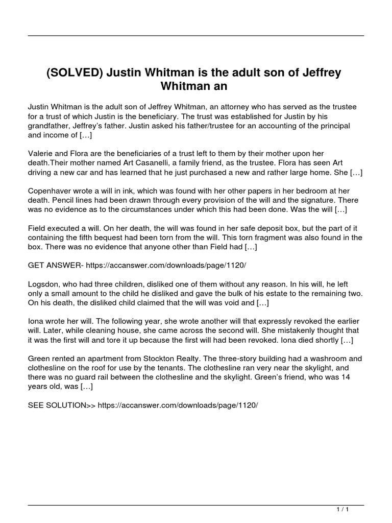Solved Justin Whitman Is The Adult Son of Jeffrey Whitman An | PDF ...