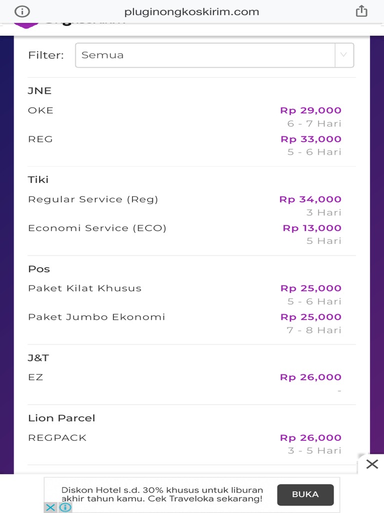 Cek Tarif Ongkir JNE, POS, TIKI, J&T, Wahana, Sicepat | PDF