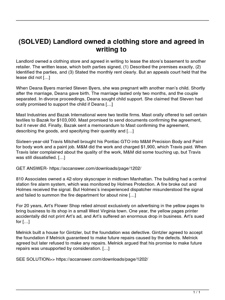 Solved Landlord Owned A Clothing Store and Agreed in Writing To | PDF ...