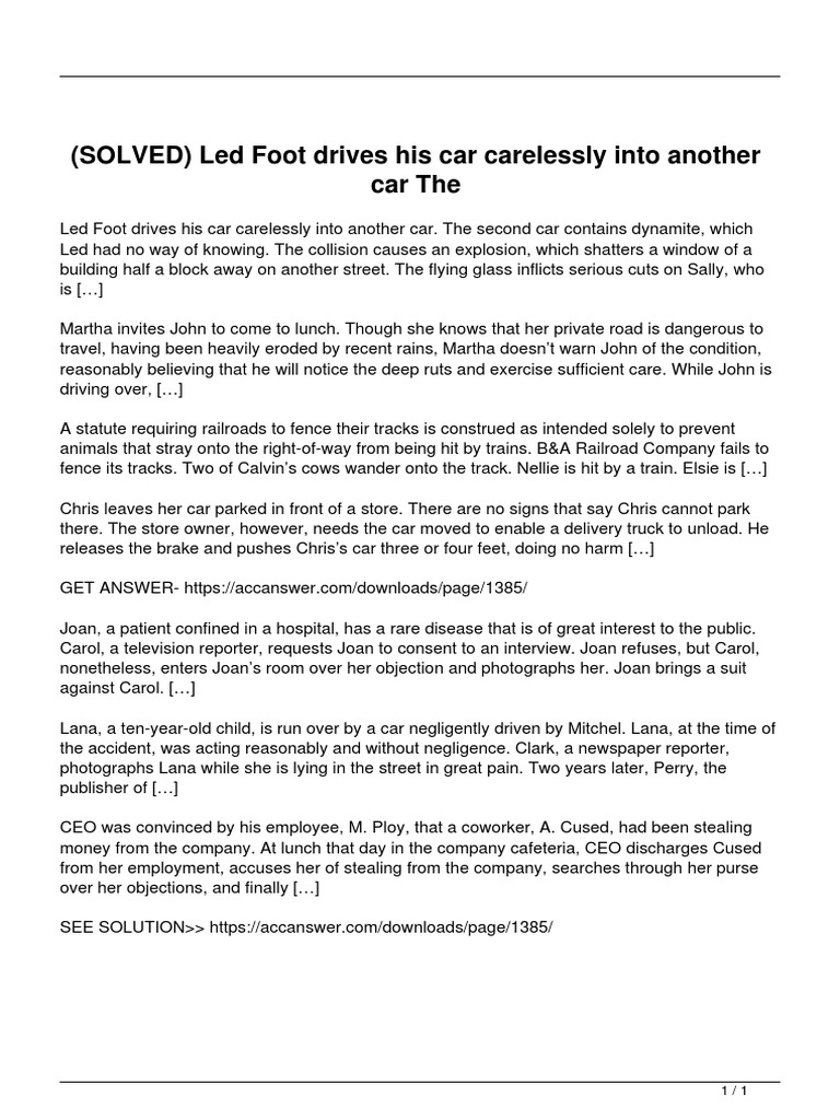 Solved Led Foot Drives His Car Carelessly Into Another Car The ...