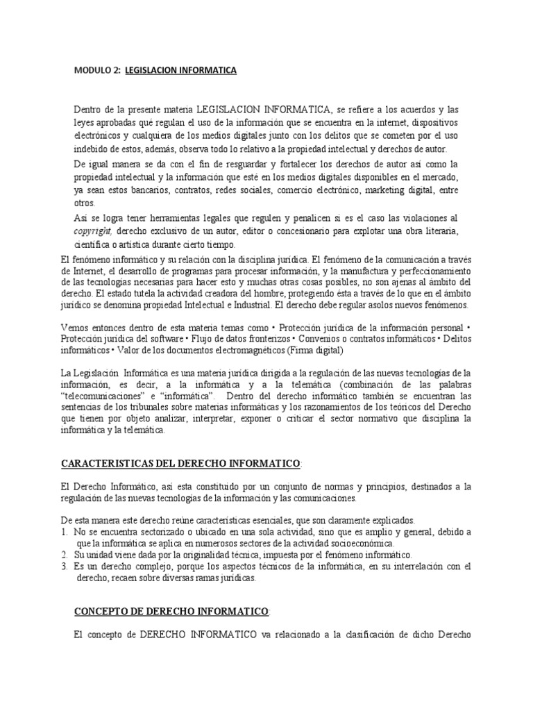 QUE ES LA LEGISLACIÓN INFORMATICA y COMO NOS AYUDA | PDF | Derechos de ...