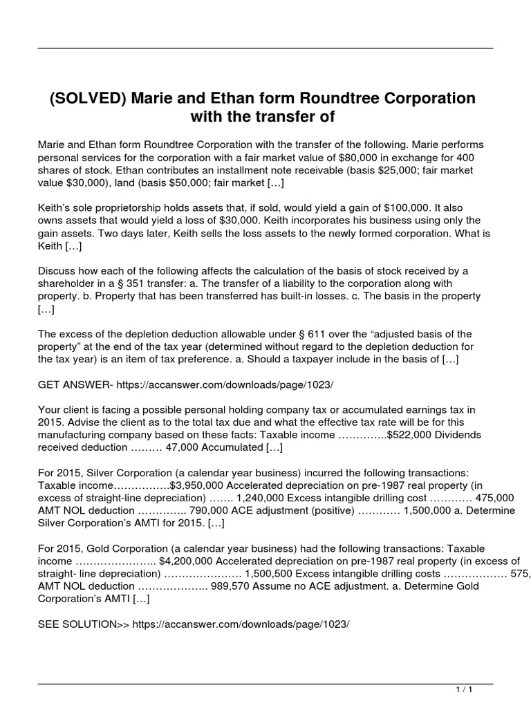 Solved Marie and Ethan Form Roundtree Corporation With The Transfer of ...