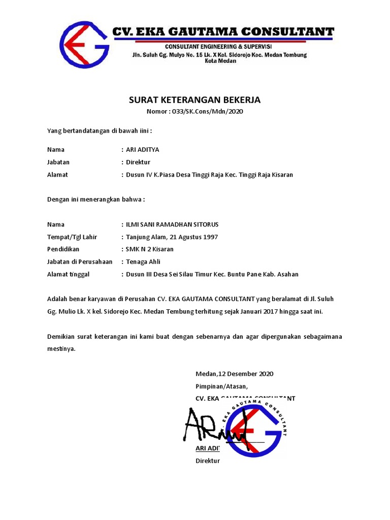 Contoh Surat Keterangan Kerja | PDF