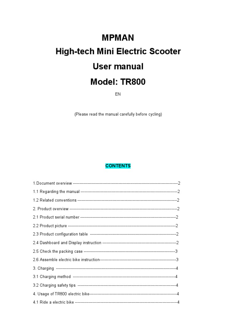 Mpman High-Tech Mini Electric Scooter User Manual Model: TR800 | PDF ...