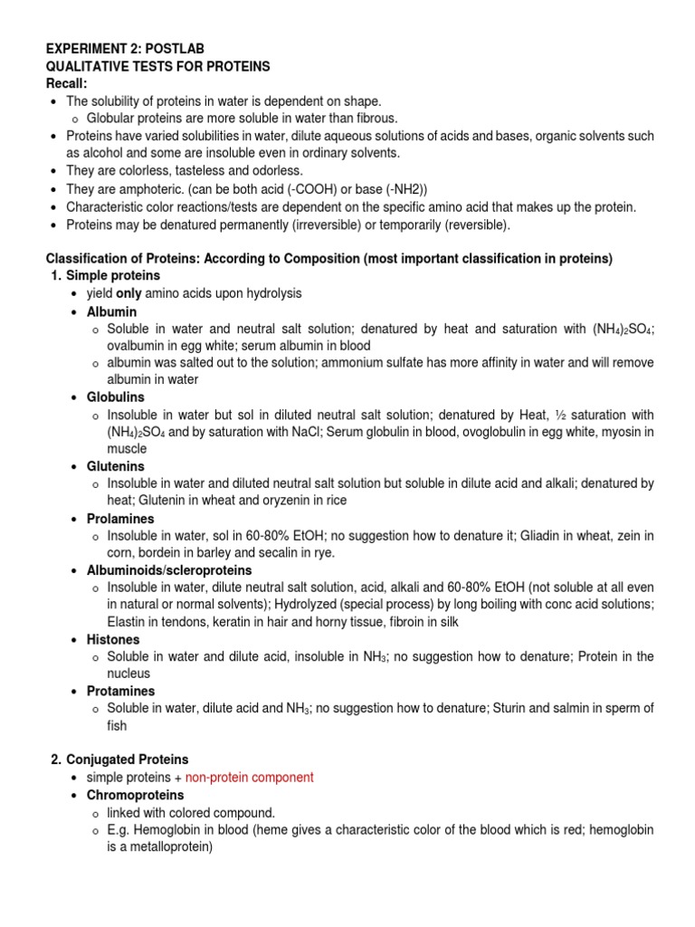 Experiment 2: Postlab Qualitative Tests For Proteins Recall | PDF ...