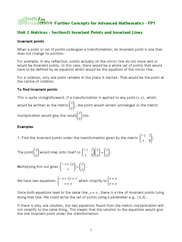 Further Concepts For Advanced Mathematics - FP1 Unit 2 Matrices - Section2i Invariant Points and ...