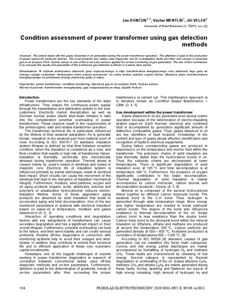 Power transformer condition assessment using gas detection | PDF | Correlation And Dependence ...