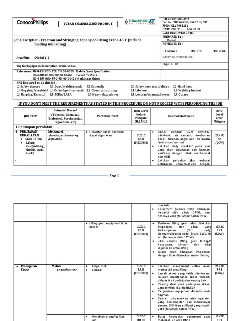 Erection and Stringing Pipe Spool Using Crane 45 Ton Kobelco | PDF