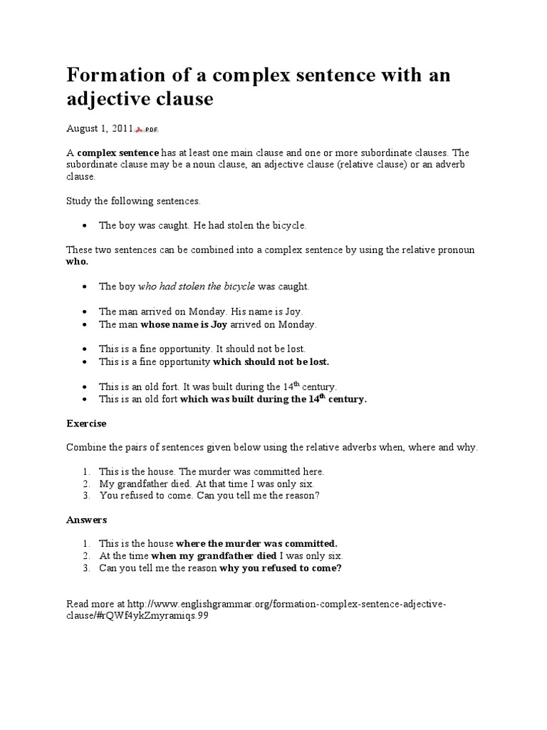 Formation of A Complex Sentence With An Adjective Clause | PDF