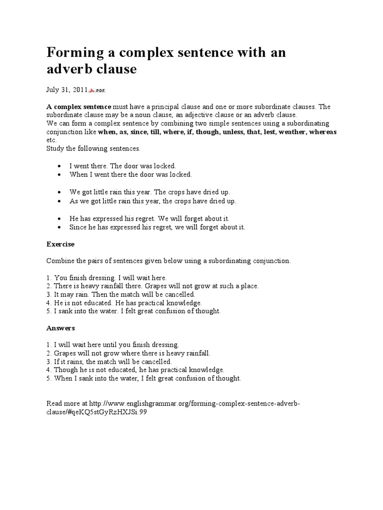 Forming A Complex Sentence With An Adverb Clause | PDF