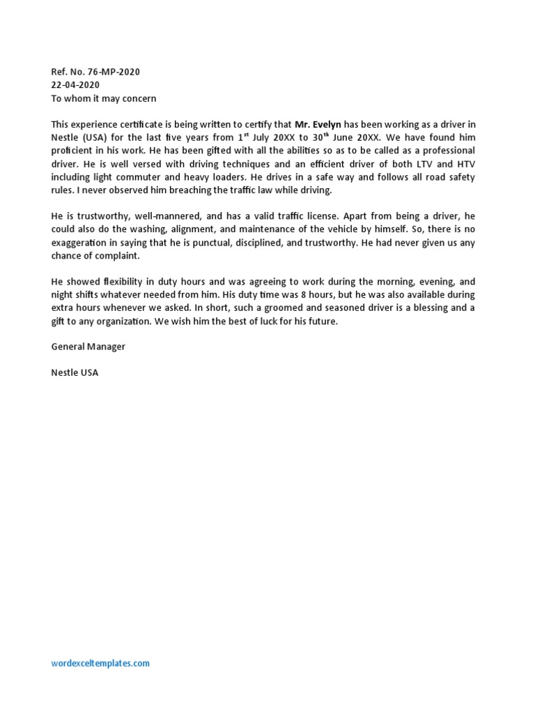 Experience Letter For Driver - 1 | PDF