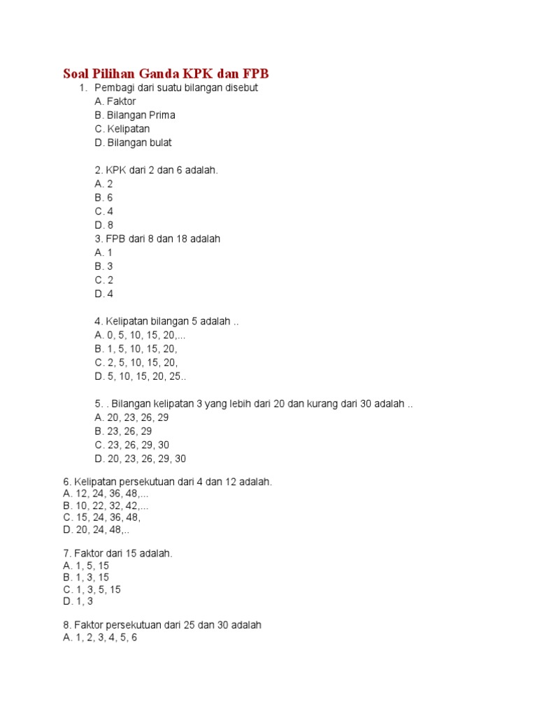 Soal Pilihan Ganda KPK Dan FPB | PDF