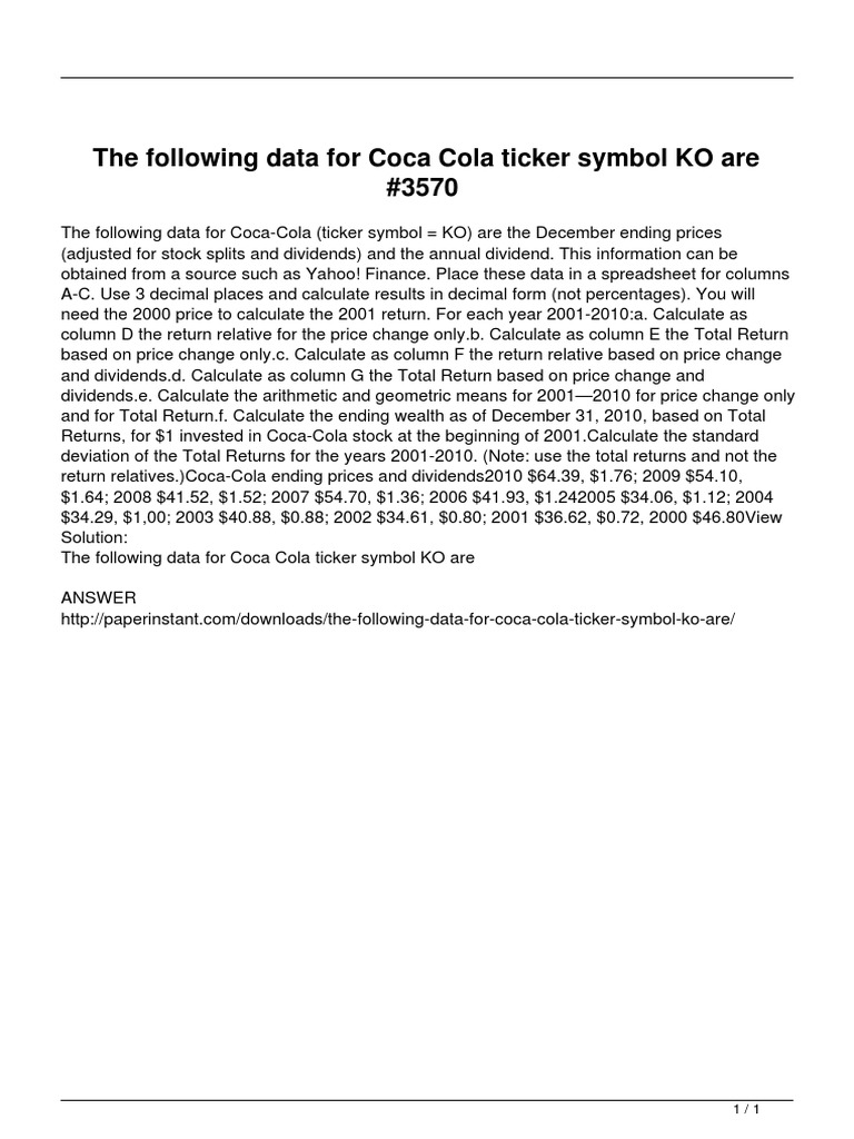 Coca-Cola Ticker Symbol KO Data Analysis | PDF | Financial Markets ...