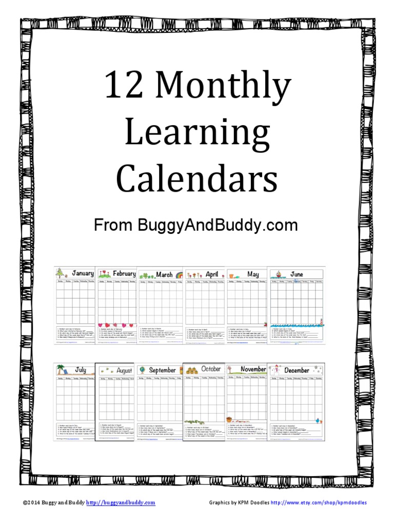 12 Monthly Learning Calendars: ©2014 Buggy and Buddy Graphics by KPM ...