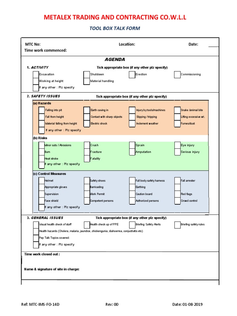 MTC Ims Fo 14d Tool Box Talk | PDF | Safety | Occupational Safety And ...
