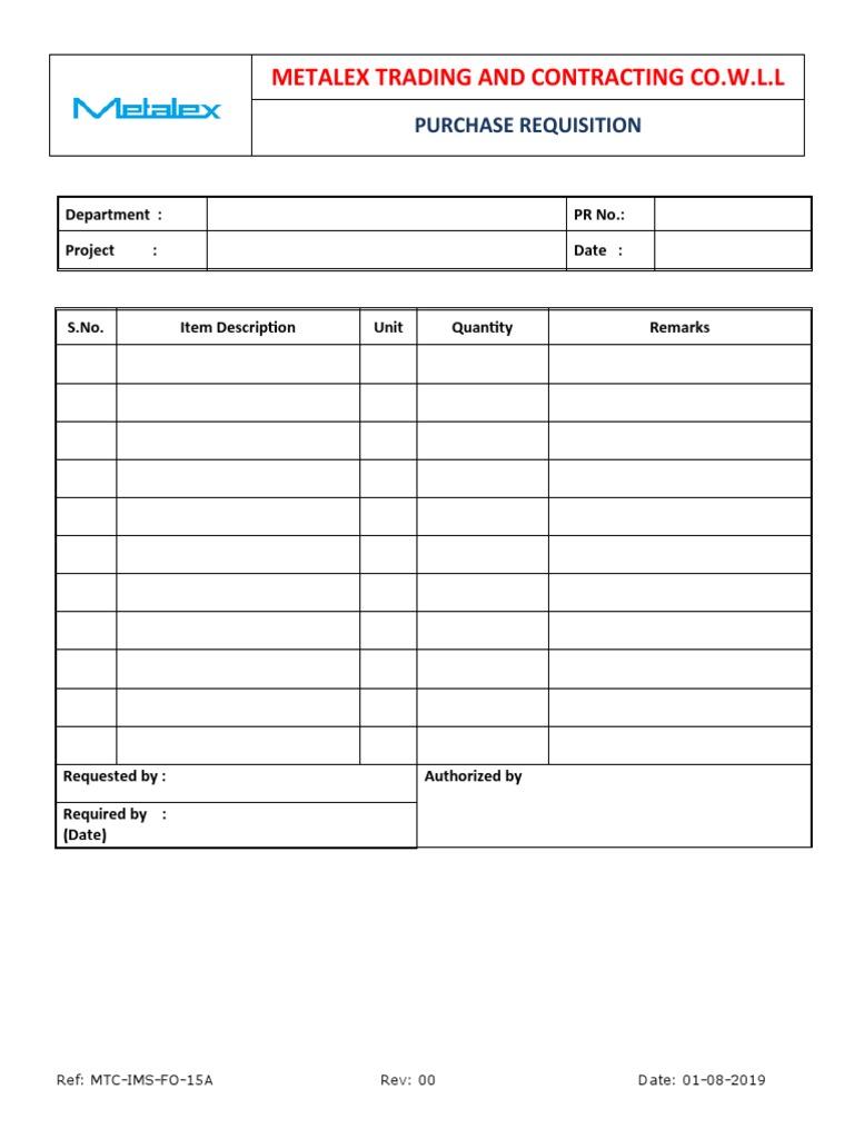 MTC IMS FO 15A Purchase Requisition Form | PDF