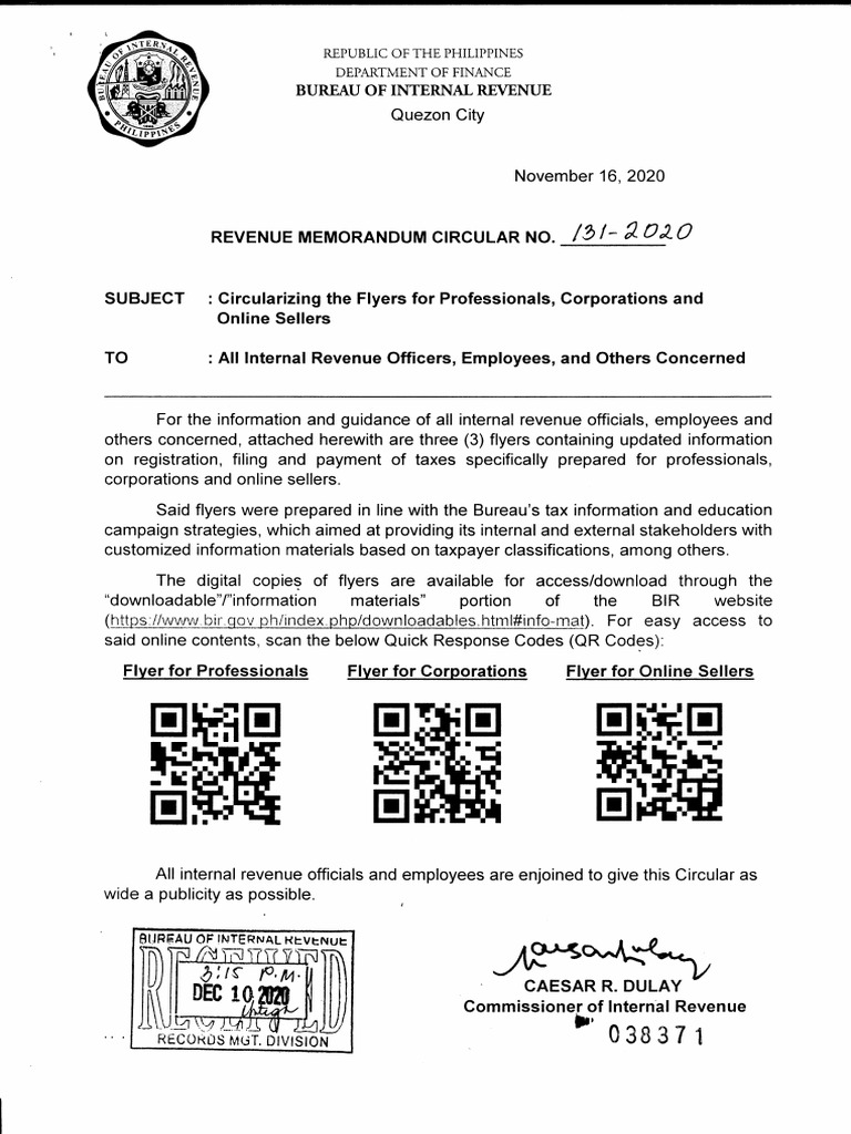 RMC No. 131-2020 | PDF | Internal Revenue Service | Qr Code