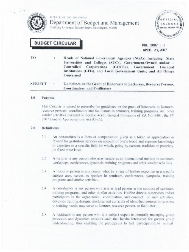 DBM Budget Circular No 2007-1 Guidelines On The Grant of Honoraria To ...