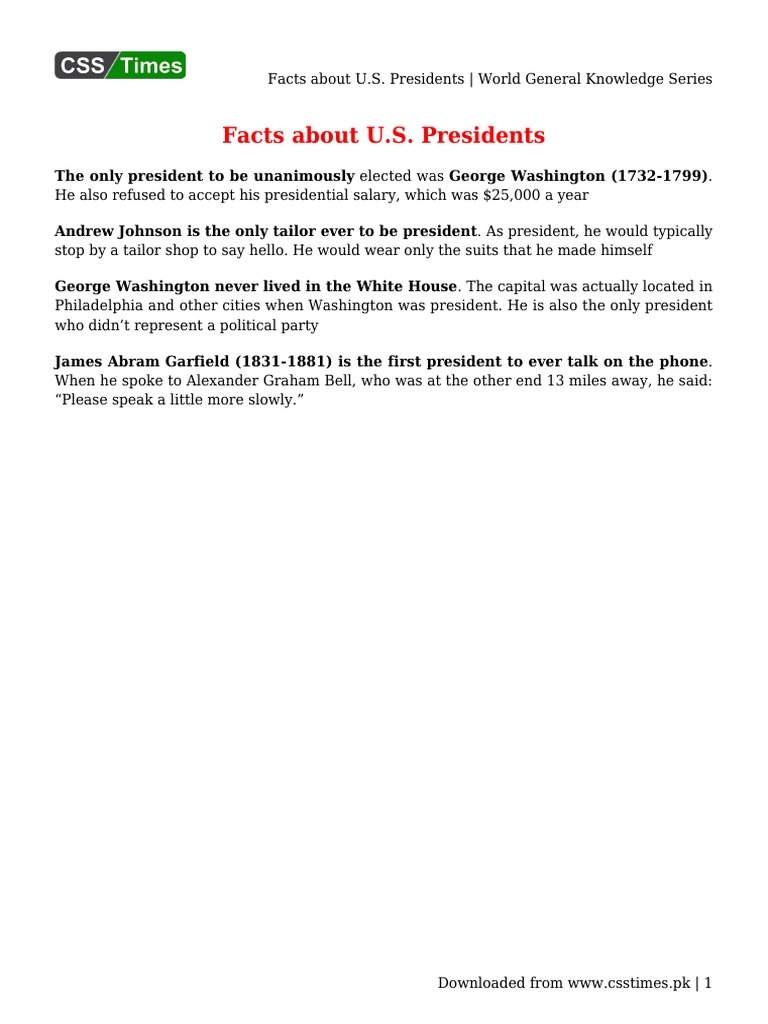 Facts About U.S. Presidents - World General Knowledge Series | PDF
