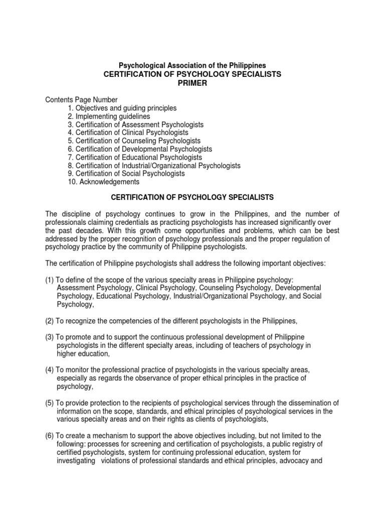 Pap Certification of Psychology Specialists Primer PDF | PDF ...