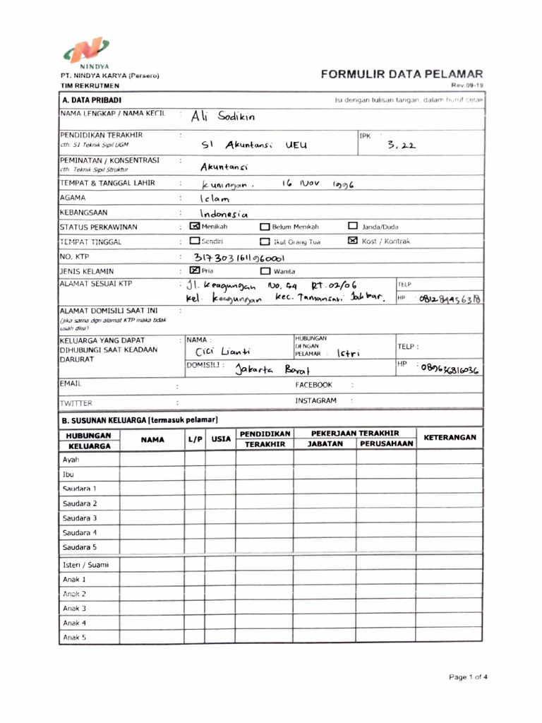 Formulir Data Pelamar | PDF