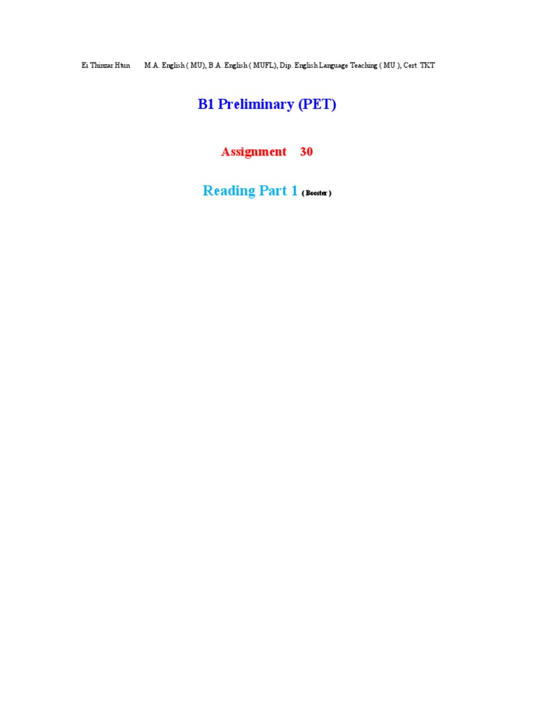 B1 Preliminary Reading Assignment Guide | PDF