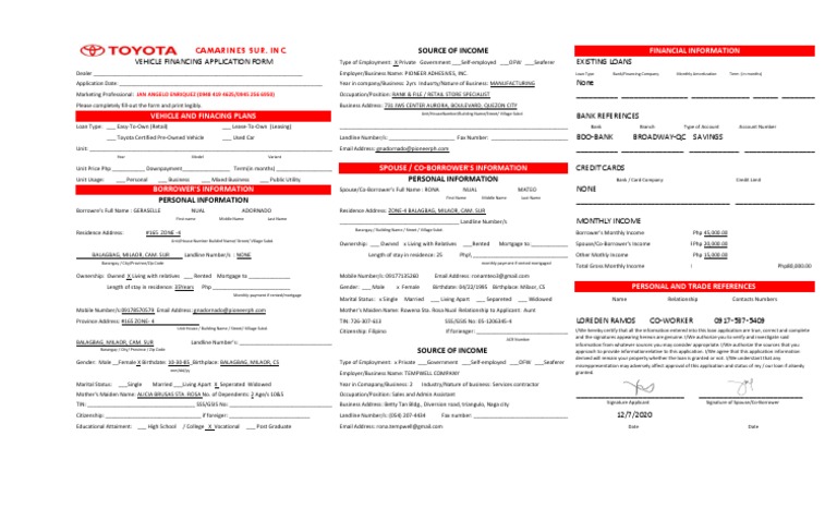 Anggo Toyota Application Form | PDF | Used Car | Loans